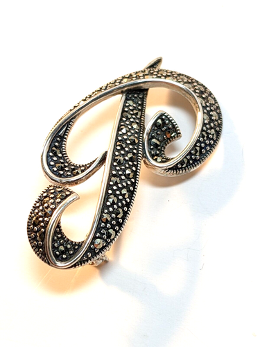 Solid Sterling Silver Initial Letter P Pin Brooch Broach Marcasite ...