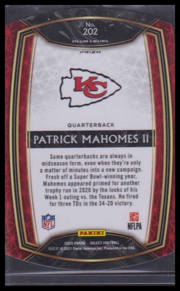 Patrick Mahomes - 2020 Panini Select Club Level #202 Purple Prizm Die ...