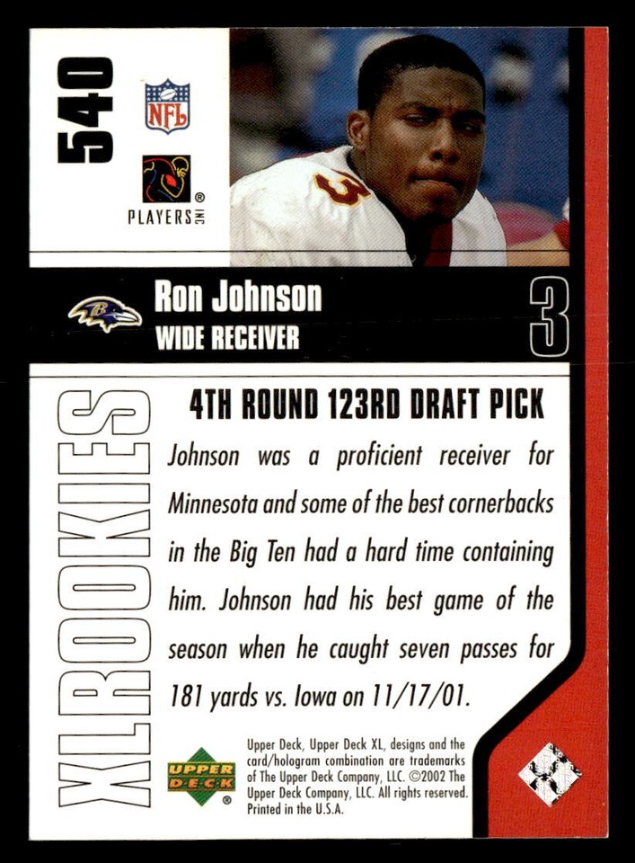 Ron Johnson 2002 Upper Deck XL Rookie Card #540 Baltimore Ravens | eBay