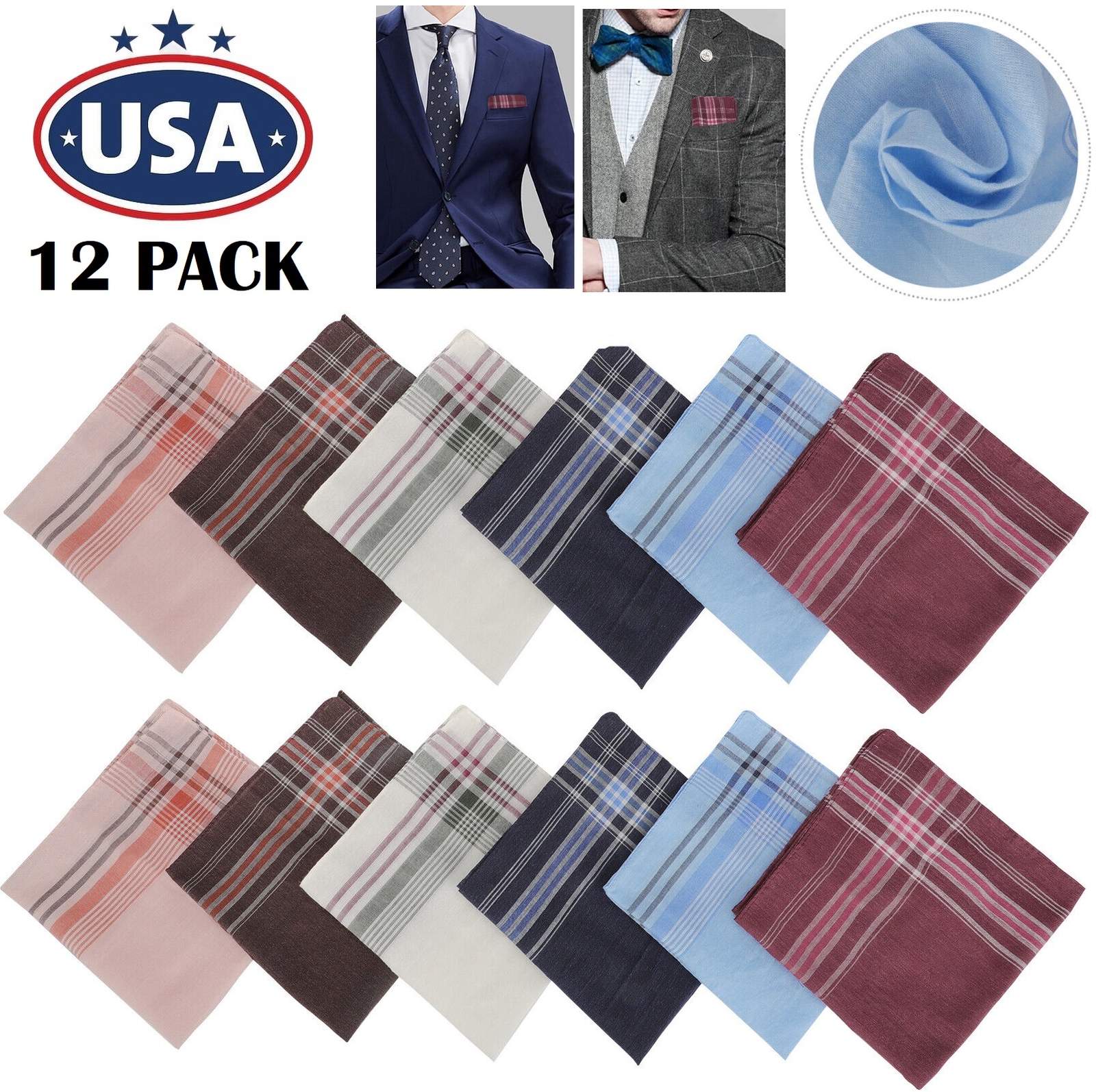 12× Men's Premium Handkerchiefs Cotton Classic Hankies Pocket Square ...