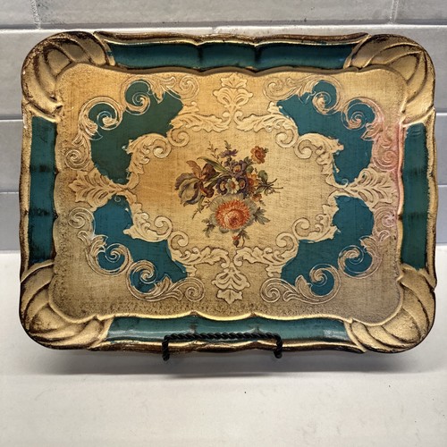 11 In Vintage Florentine Tray Beige & Teal W/ Flowers Floral Scalloped ...