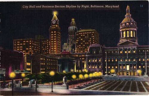 Baltimore Maryland City Hall Downtown Night View Postcard 1940s | eBay