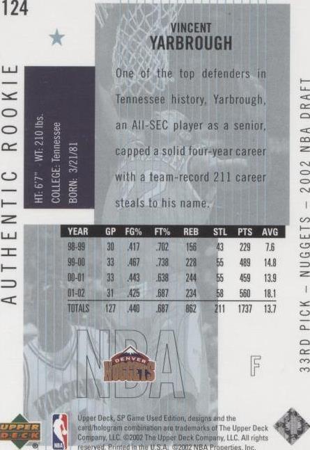 2002-03 SP Game Used Edition - Vincent Yarbrough #124 for sale | eBay
