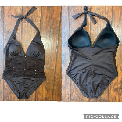 Magicsuit 1-PC Bathing Swim Suit Halter Rivets Ruched Brown Women's ...