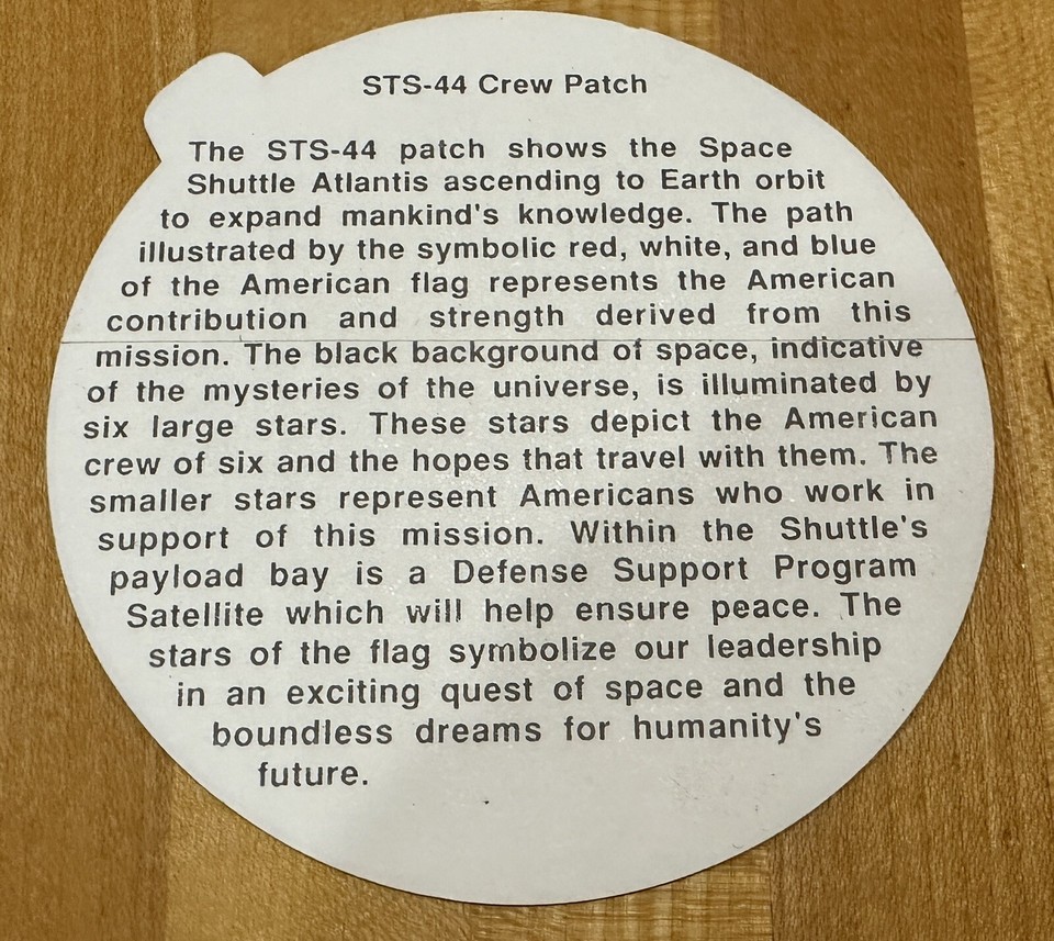 Authentic NASA Space Shuttle STS-44 Mission Patch Sticker NOT A ...