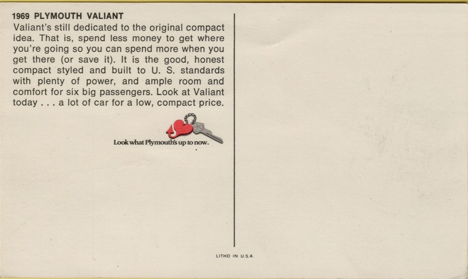 1969 Plymouth Valiant Signet 4-Door Sedan Advertising Postcard C38 | eBay