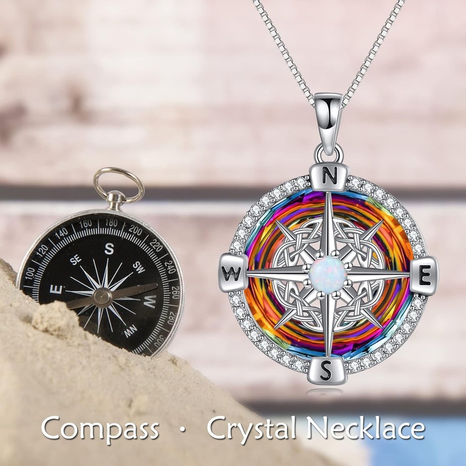 Compass Necklace for Women Sterling Silver Volcanic Crystal Pendant ...