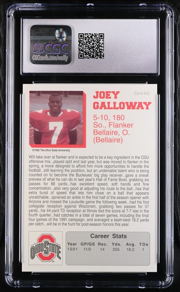 1992 Ohio State University #42 Joey Galloway CGC/CSG 9.5 RC XRC 1st ...