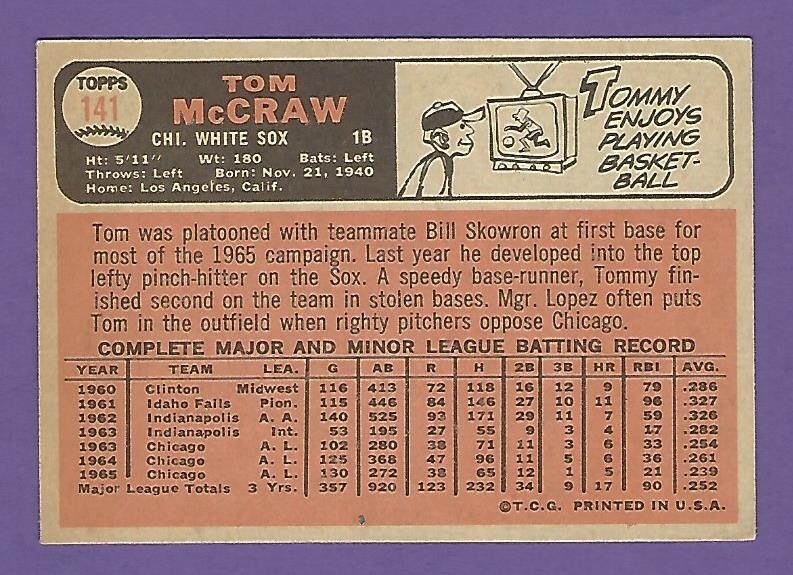 1966 Topps - #141 Tom McCraw - Chicago White Sox - ExMt+ (rj) | eBay