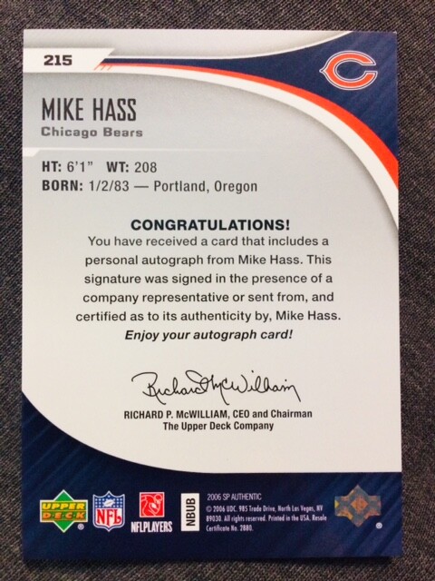 2006 Upper Deck SP Authentic #215 Mike Hass Rookie RC Auto Autograph ...