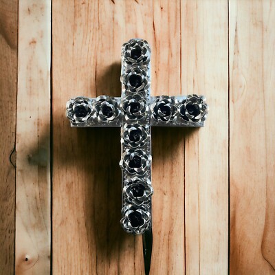 Tin cross with roses, Hanging Cross with Flowers, Silver 14 inches x 10 ...