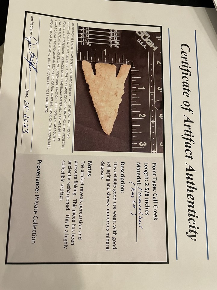 2 5/8 Inch Calf Creek Arrowhead Kay Co Oklahoma Coa Fine | eBay