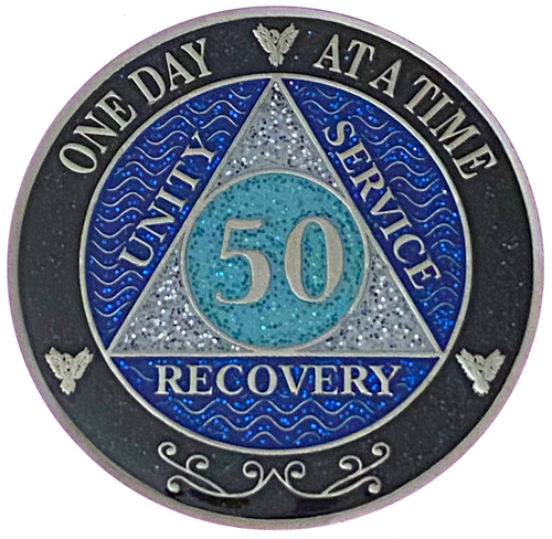 AA 50 Year Medallion, Black Rainbow, Blue Glitter, Alcoholics Anonymous ...