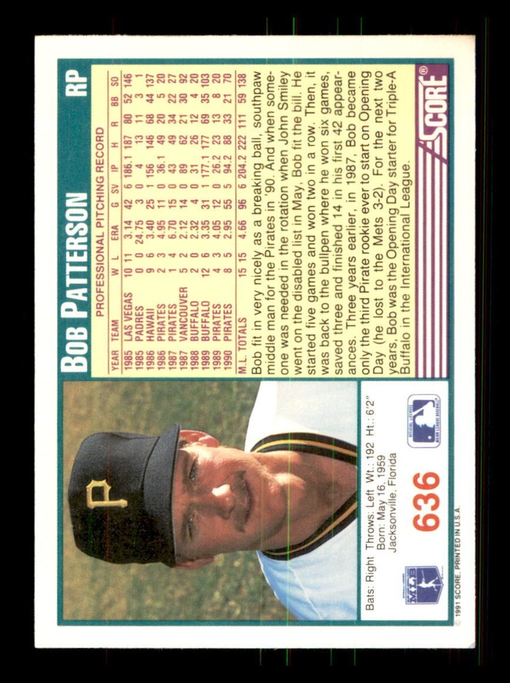 1991 Baseball Score Bob Patterson Pittsburgh Pirates #636 | eBay