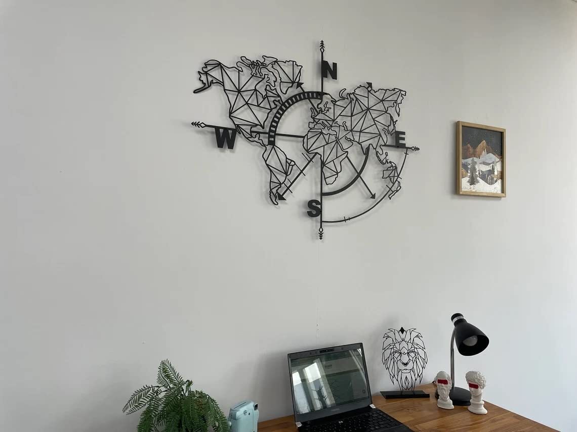 Metal World Map Wall Art Geometric Compass Metal Wall Decor Art Work ...