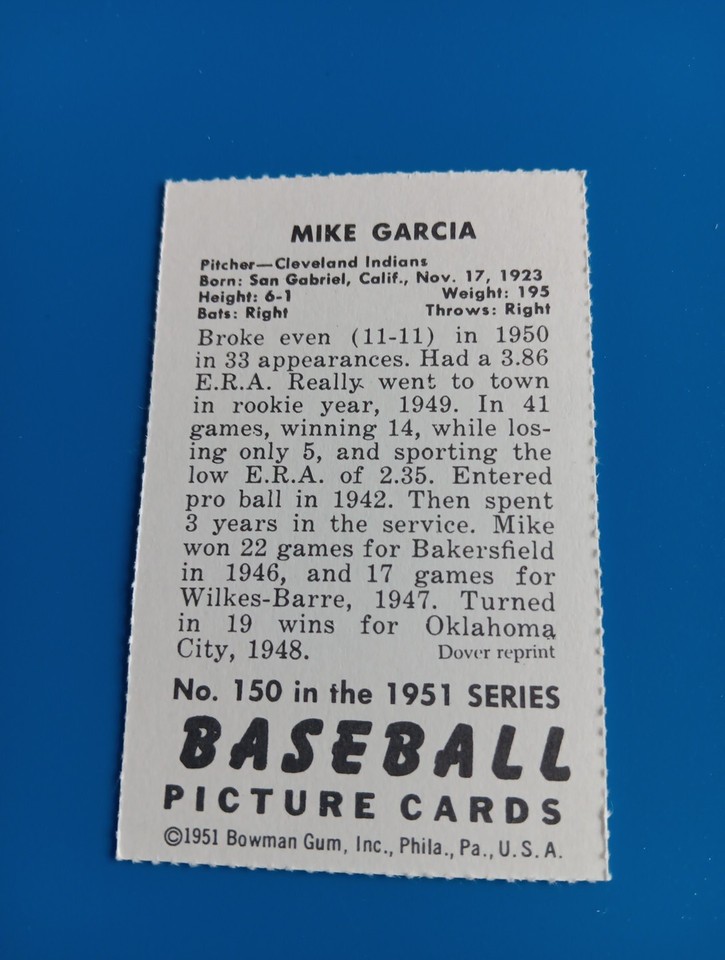 1982 Dover American League Baseball Cards Reprints Mike Garcia (1951 ...