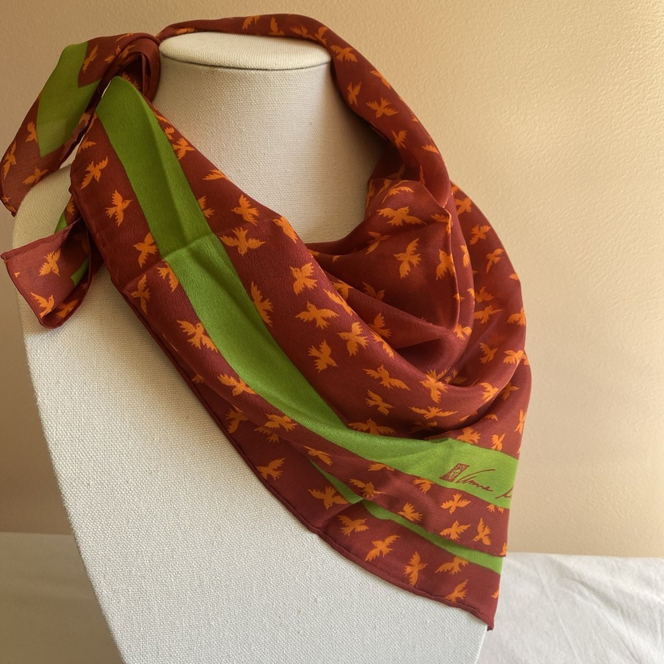 Vintage Anne Klein Rust Scarf w/ Orange Birds & Green Border - Great ...
