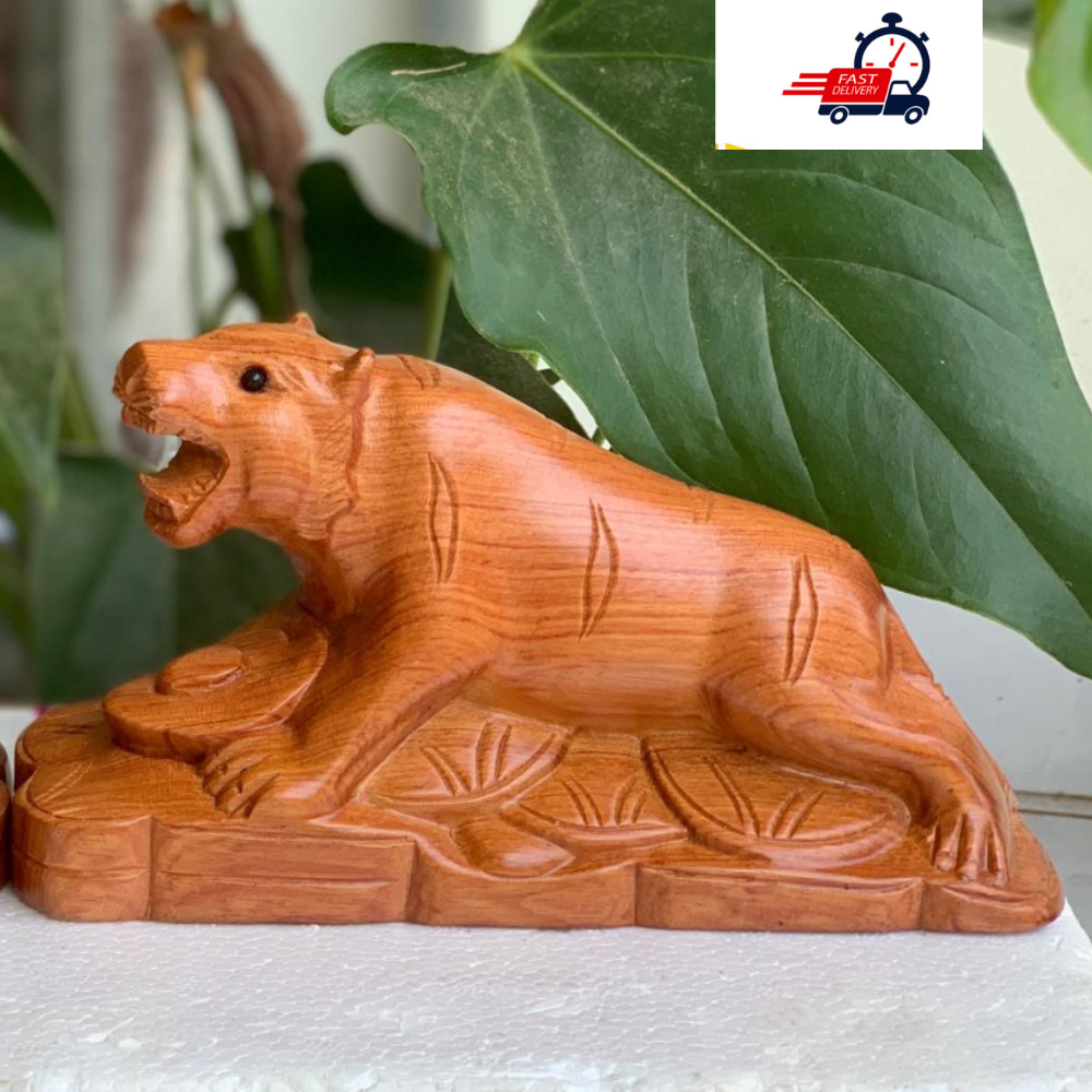 "Vintage Wooden Carved Tiger Statue Sitting on Piles of Art Money for ...