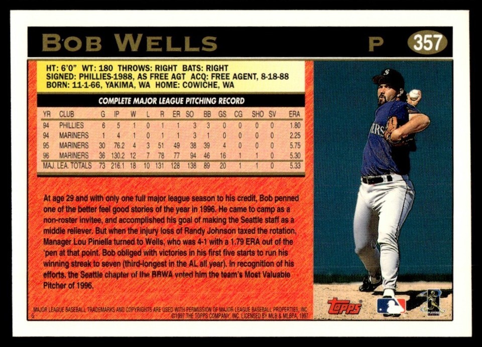 1997 Topps #357 Bob Wells Seattle Mariners | eBay