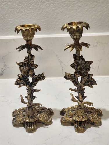 Pair Brass Wizard Candlesticks Etched Leaves & Flowers MCM Fantasy ...