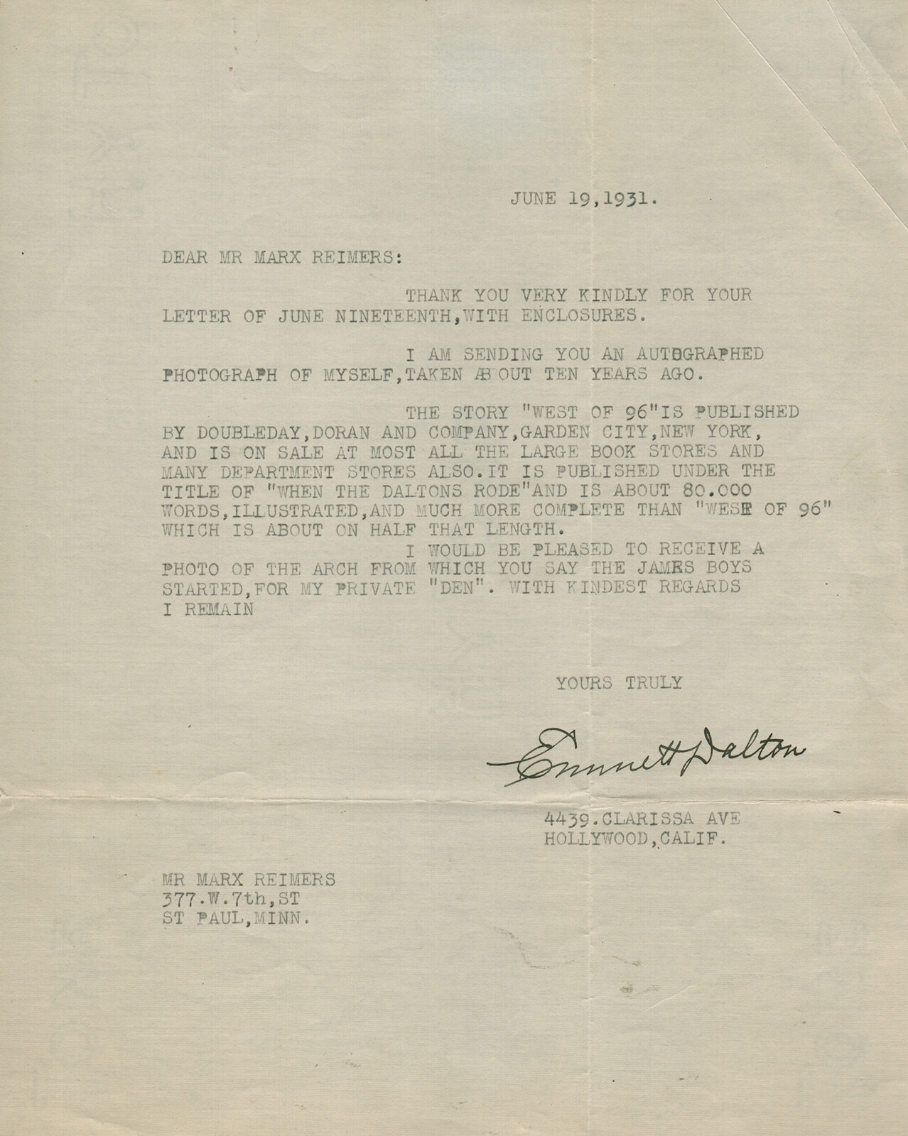 EMMETT DALTON - TYPED LETTER SIGNED 06/19/1931 | eBay