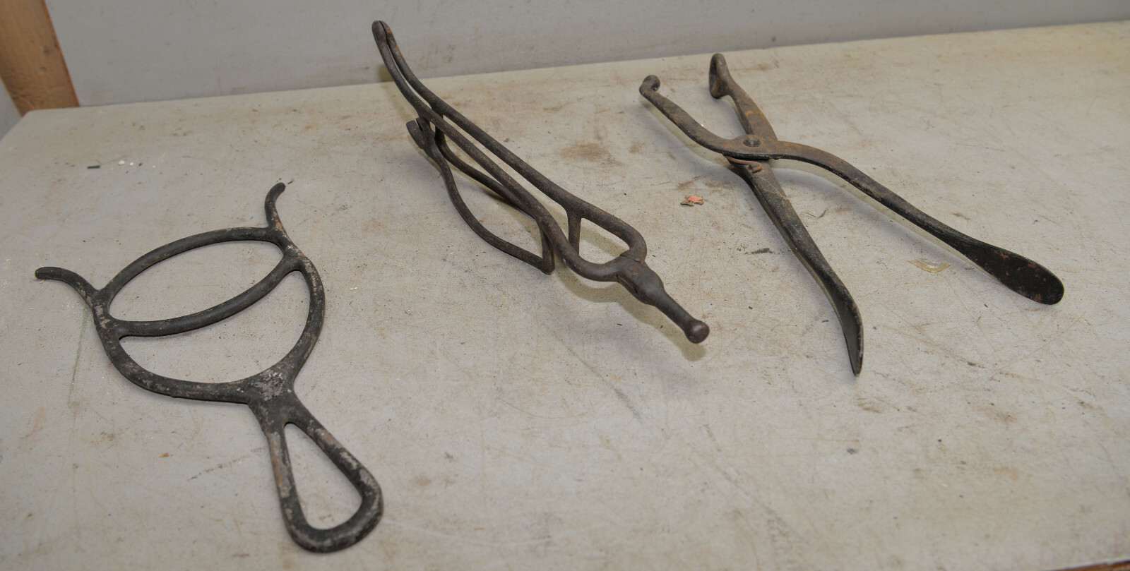 3 antique cast iron tools kitchen farm collectible odd primitive ...