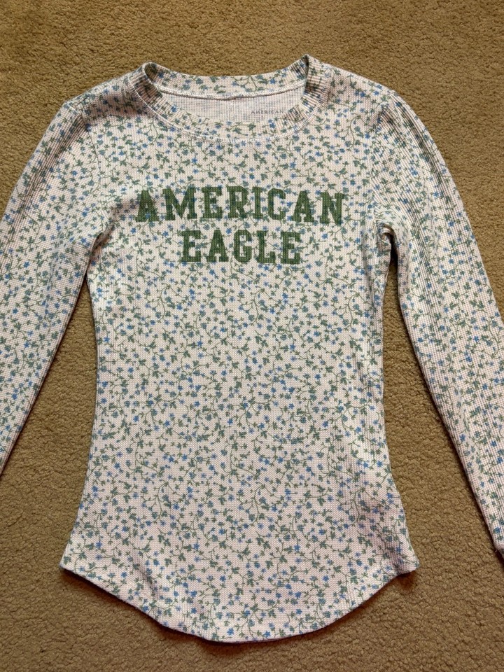 American Eagle Logo Spellout Long Sleeve Ditzy Floral Waffled Thermal ...
