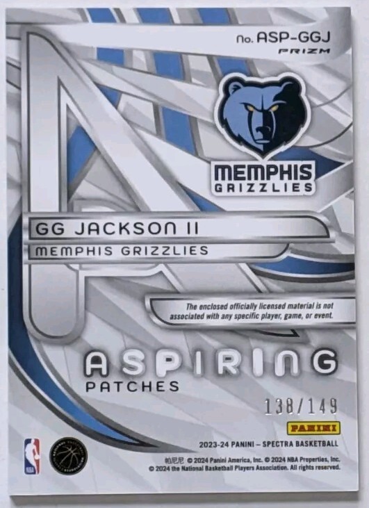 2023-24 Spectra Aspiring Patches GG Jackson II Memphis Grizzlies RC ...