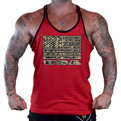 Men's Camo USA Flag Red Stringer Tank Top Gym Workout US Military ...