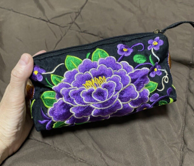Embroidered 3 Zip Pockets - Black Canvas Purple Floral - Makeup ...
