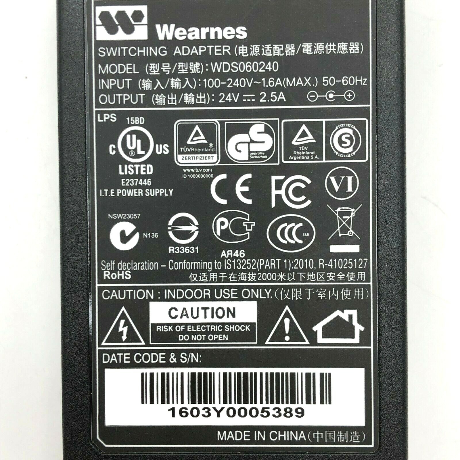 Genuine Wearnes WDS060240 Switching Power Supply Adapter 24V 2.5A 60W ...