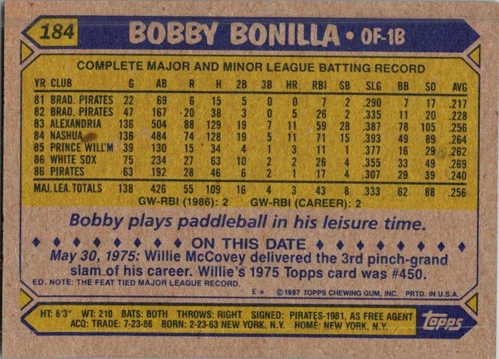 1987 Topps #184 Bobby Bonilla | eBay