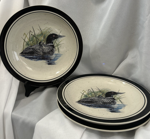 3 Folkcraft Stoneware Scotty Z 11" Dinner Plates Loon Lake Birds Ducks ...