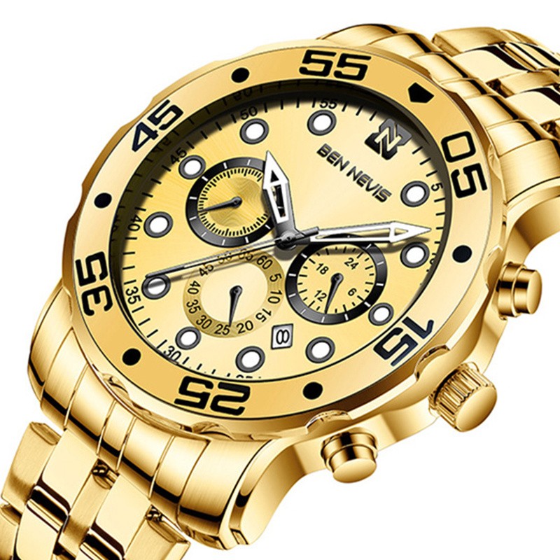 Gold Men's Watch Waterproof Stainless Steel Quartz Luminous Business ...
