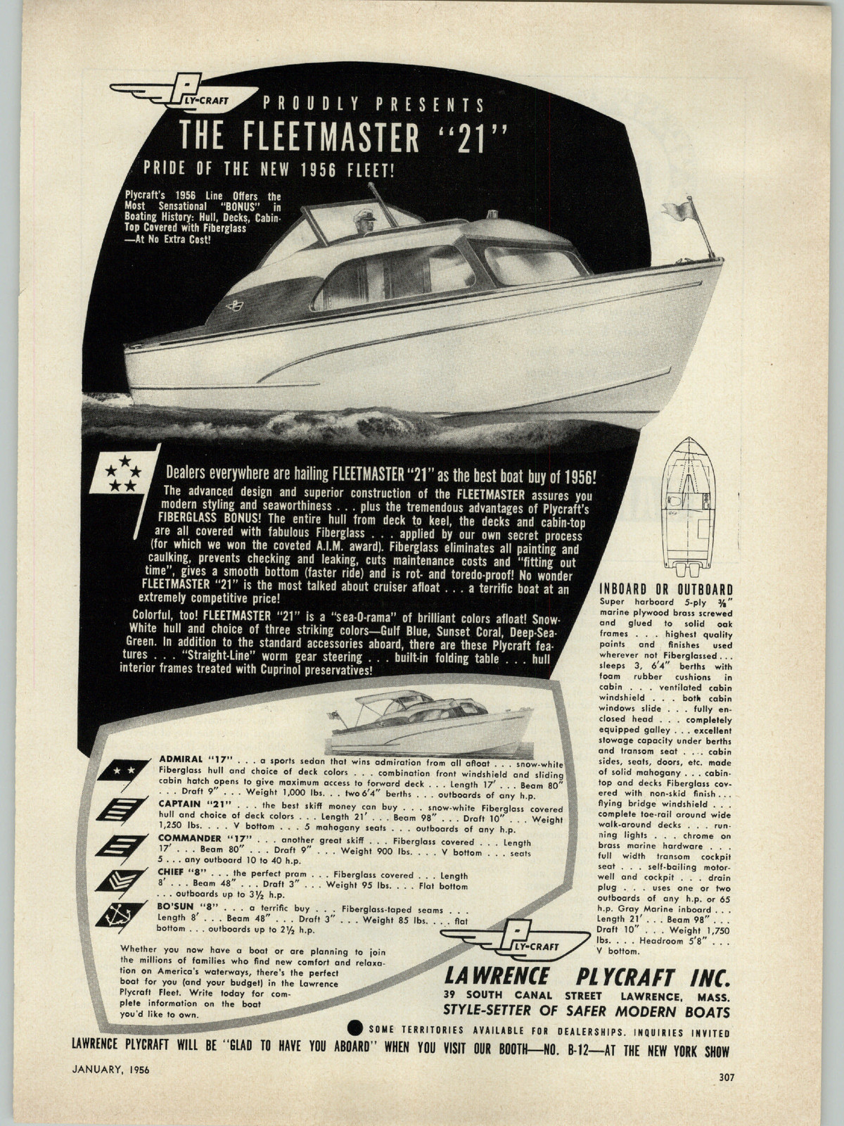 1956 PAPER AD Lawence Plycraft Motor Boat 21' Fleetmaster 17' Admiral ...
