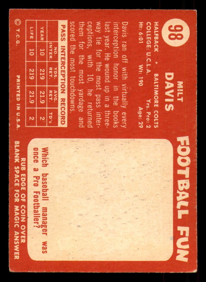 1958 Topps #98 Milt Davis Very Good Colts ID:387458 | eBay
