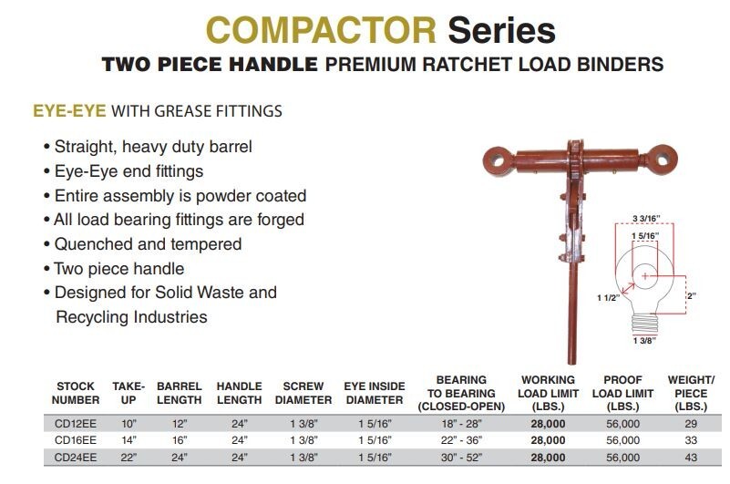 Compactor Ratchet Load Binder for Solid Waste Recycling 28,000 lbs WLL ...