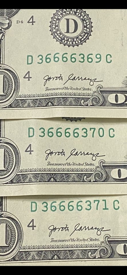 FANCY SERIAL NUMBERS LOT 3 CONSECUTIVELY NUMBERED $1 DOLLAR WITH QUAD ...
