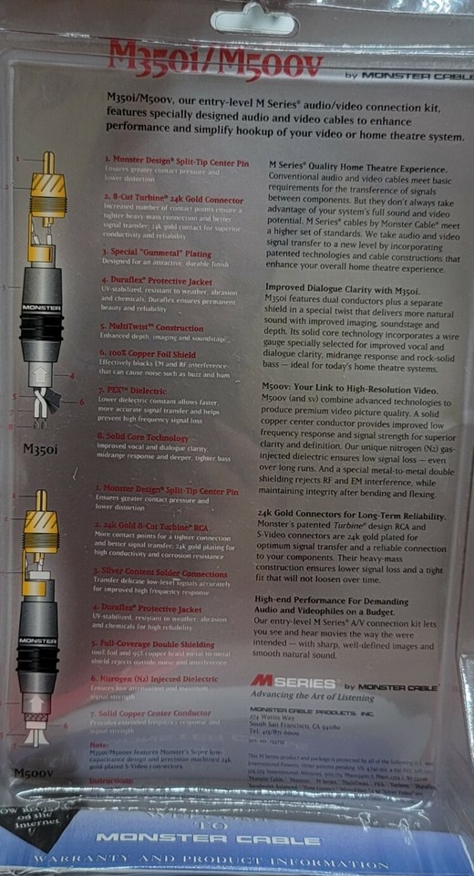 Monster Cable M350i "M" Series High Performance Gold Audio Cable 6.6ft ...