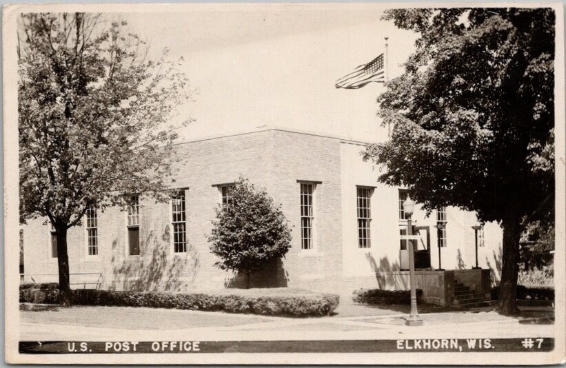 ELKHORN, Wisconsin RPPC Photo Postcard "U.S. POST OFFICE" Street View ...