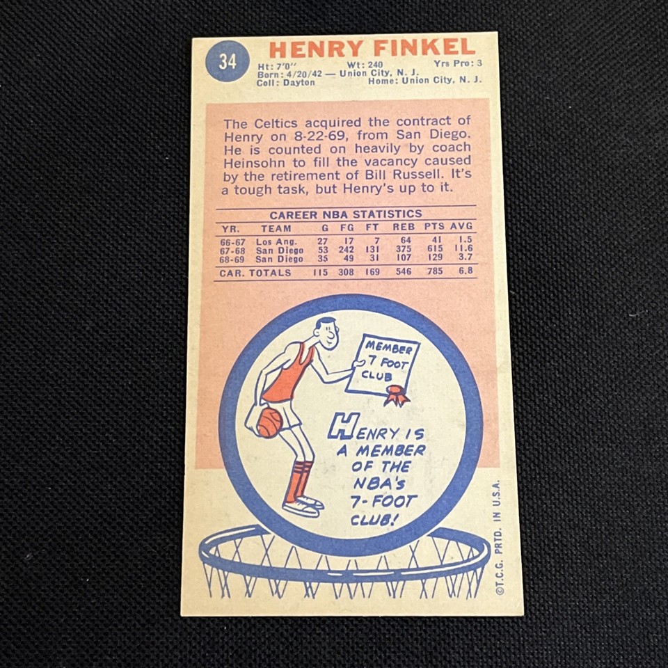 HENRY FINKEL 1969-70 TOPPS ROOKIE SIGNED AUTOGRAPHED CARD #34 BOSTON ...