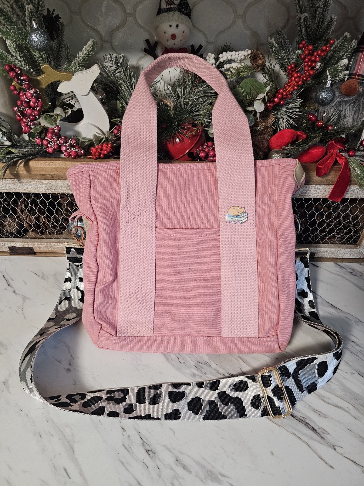 Pink Canvas Tote Bag Crossbody Leopard Cheetah Strap … - Gem