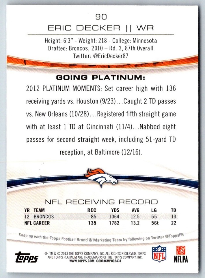 2013 Topps Platinum Eric Decker #90 Denver Broncos Football Card | eBay