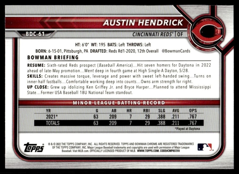 2022 Bowman Chrome Austin Hendrick Rookie G13 Cincinnati Reds #BDC-61 ...