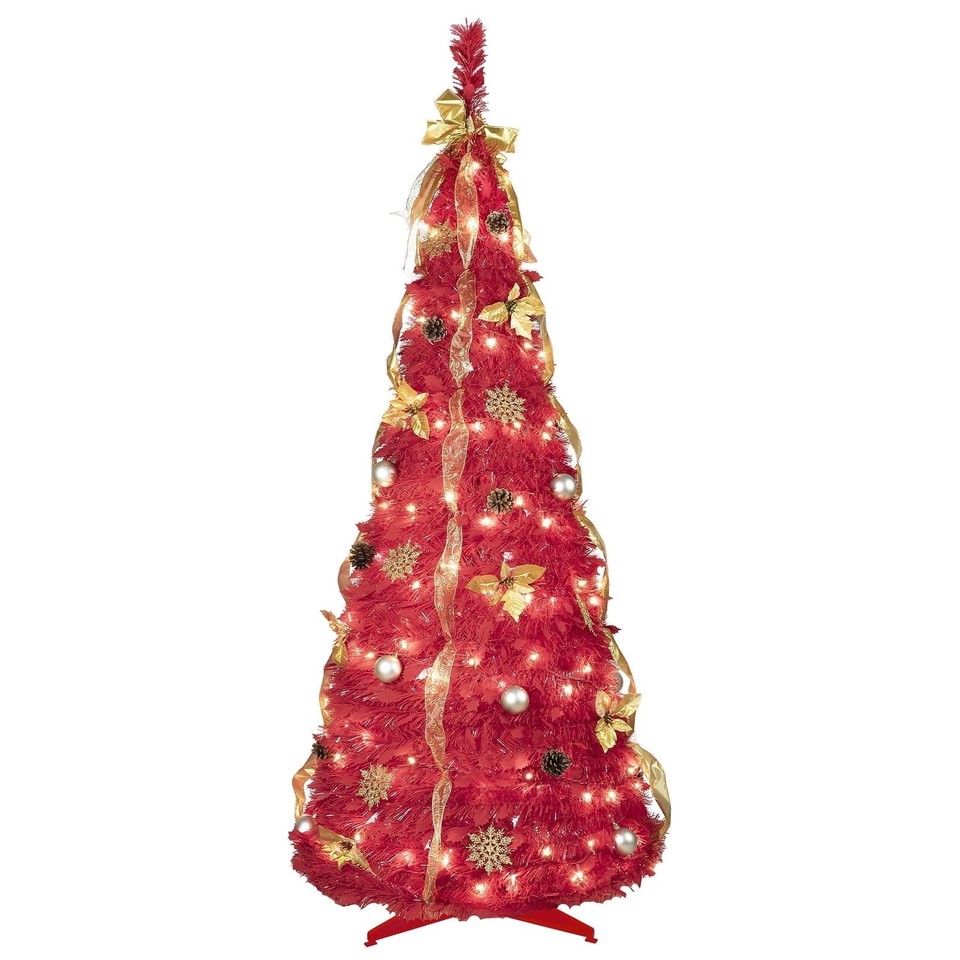 6ft Red Pop up Christmas Tree Prelit Pull up Xmas Tree with 150 Lights ...