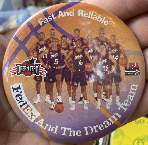 1996 OLYMPICS USA MENS BASKETBALL FEDEX PIN BACK BUTTON DREAM TEAM SHAQ ...
