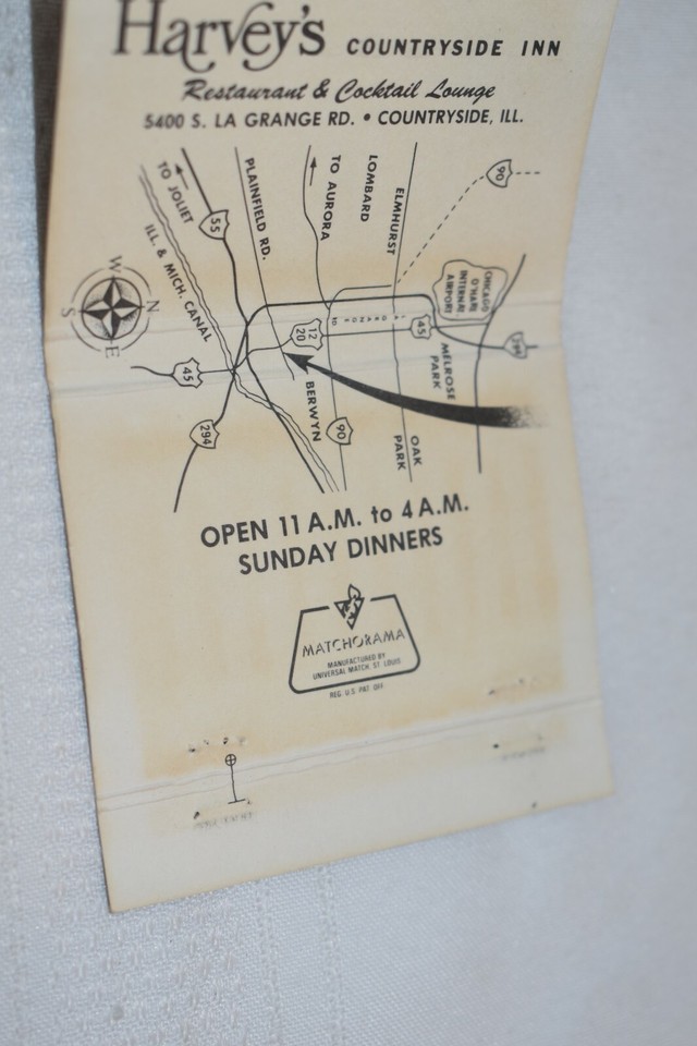 Harvey's Countryside Inn Countryside Illinois Map 40 Strike Matchbook ...