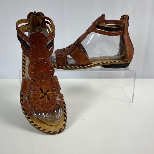 Pikolnios Womens 39 US 8 Brown Leather Zip Back Strappy Sandals Flats ...