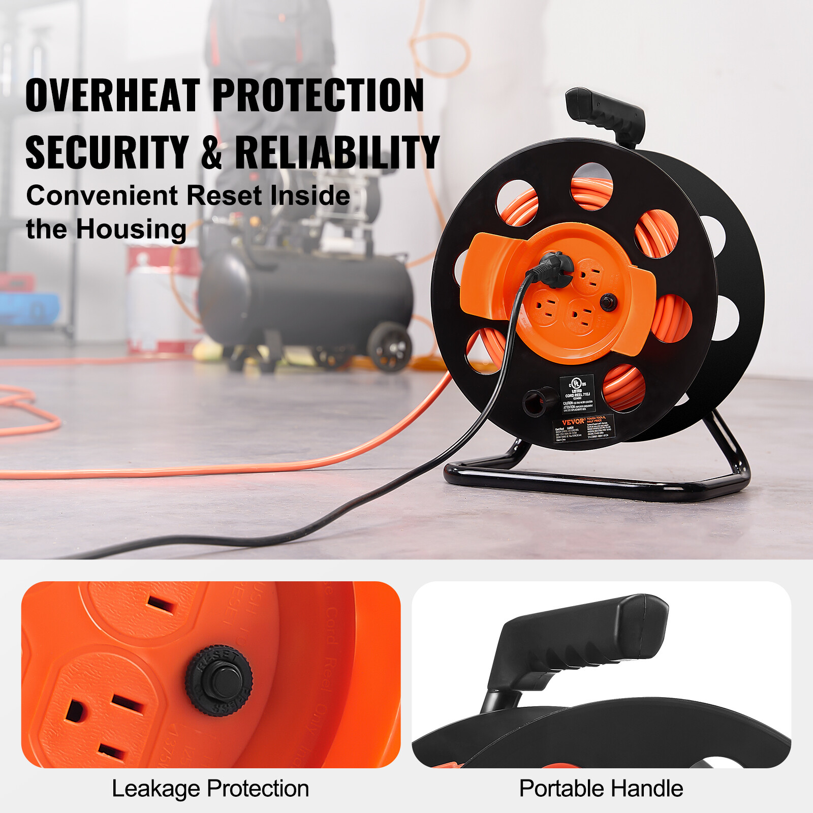 VEVOR Extension Cord Reel 100FT with 4 Outlets 14AWG SJTOW Manual Cord ...