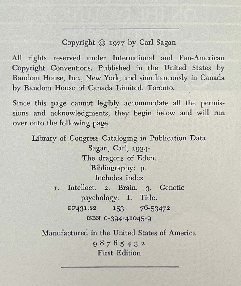 Carl Sagan / Dragons of Eden Speculations on the Evolution of Human 1st ...